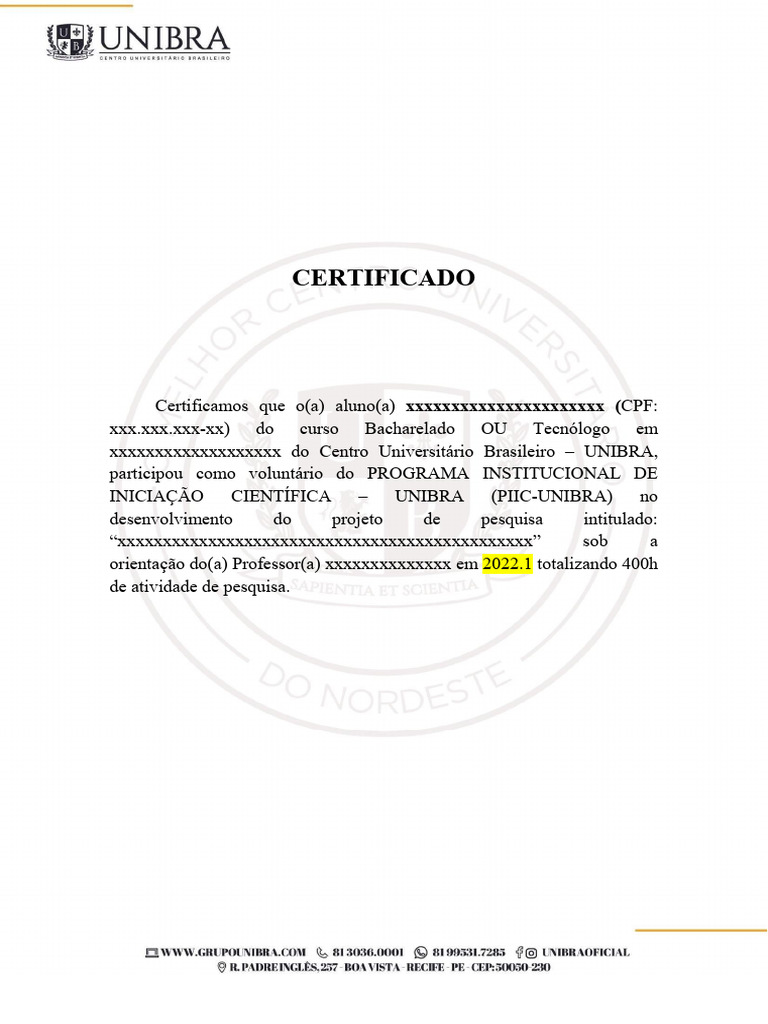 Certificado de Voluntariado PIIC-UNIBRA | PDF | Finanças e ...