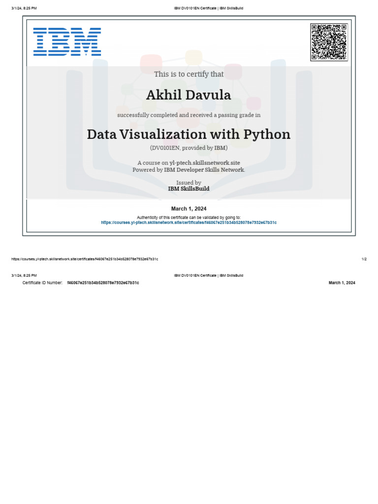 IBM DV0101EN Certificate - IBM SkillsBuild | PDF | Computers