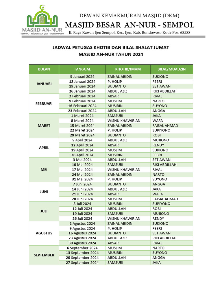 Jadwal Petugas Shalat Jumat 2024 | PDF | Agama & Spiritualitas