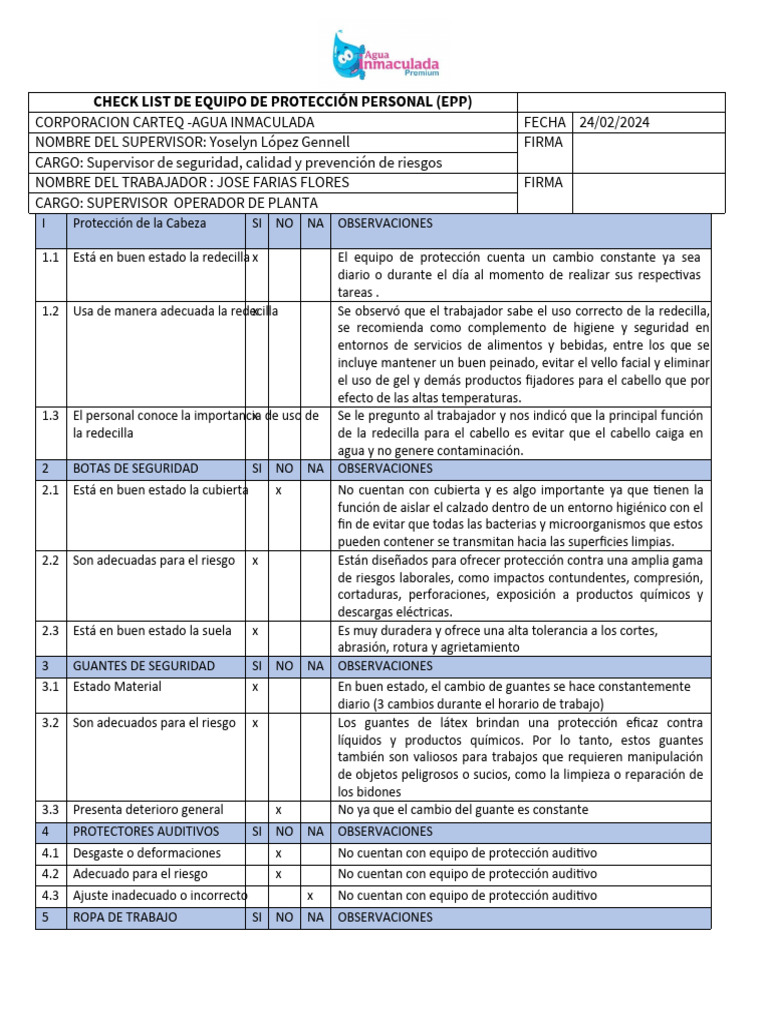 Check List de Equipo de Protección Personal | PDF | Guante