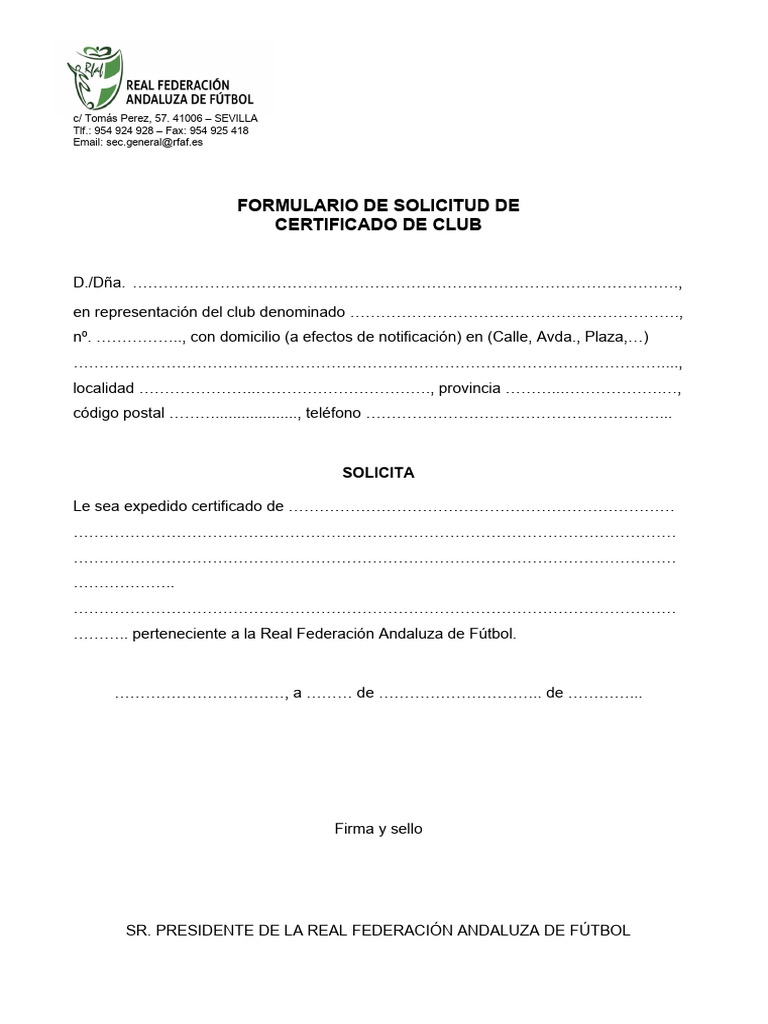 Solicitud Certificado Club | PDF