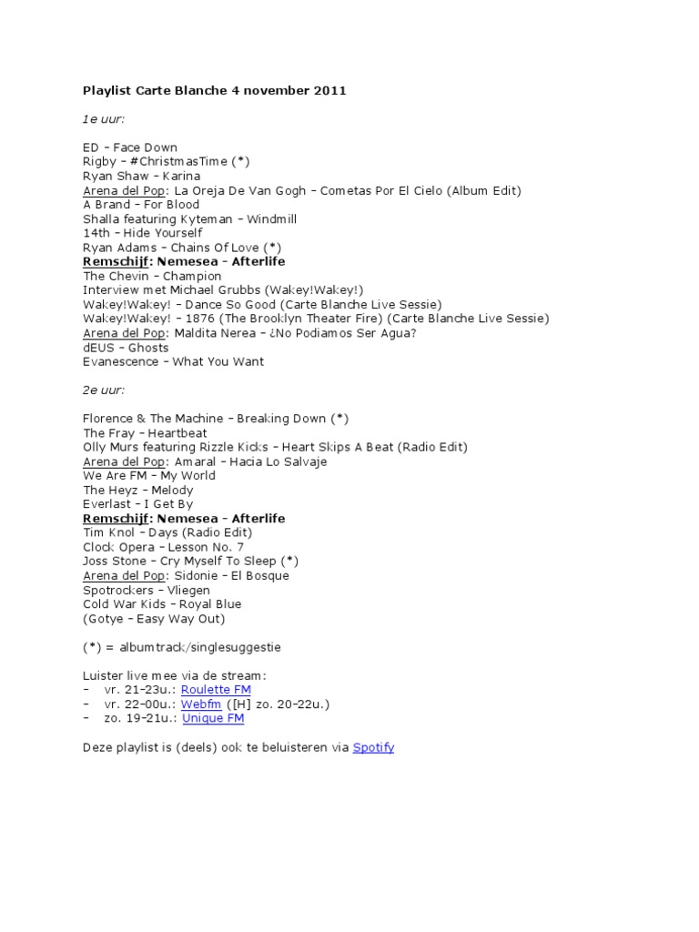 1e Uur:: Playlist Carte Blanche 4 November 2011 | PDF