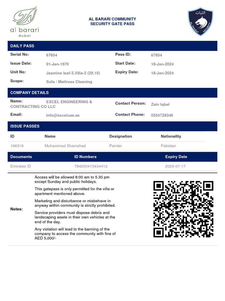 Al Barari Security Gate Pass Info | PDF