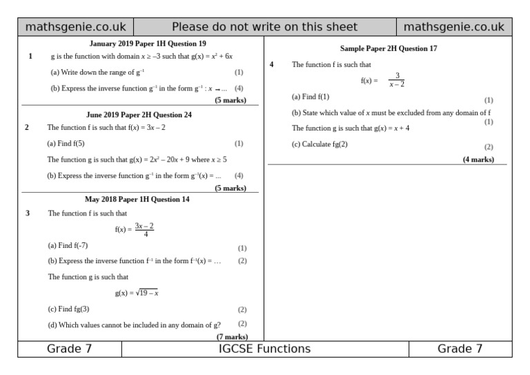 7 Igcse Functions Ws Download Free Pdf Function Mathematics Mathematical Analysis 