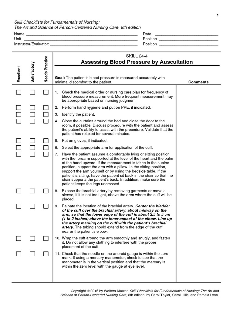 Skill - 24-4 Assessing Blood Pressure by Auscultation | PDF | Blood ...