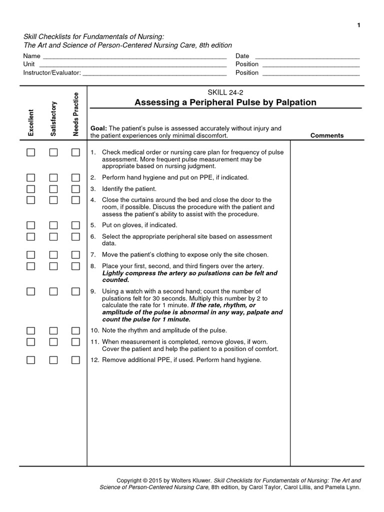 Skill_24-2 Assessing a Peripheral Pulse by Palpation | PDF | Pulse ...