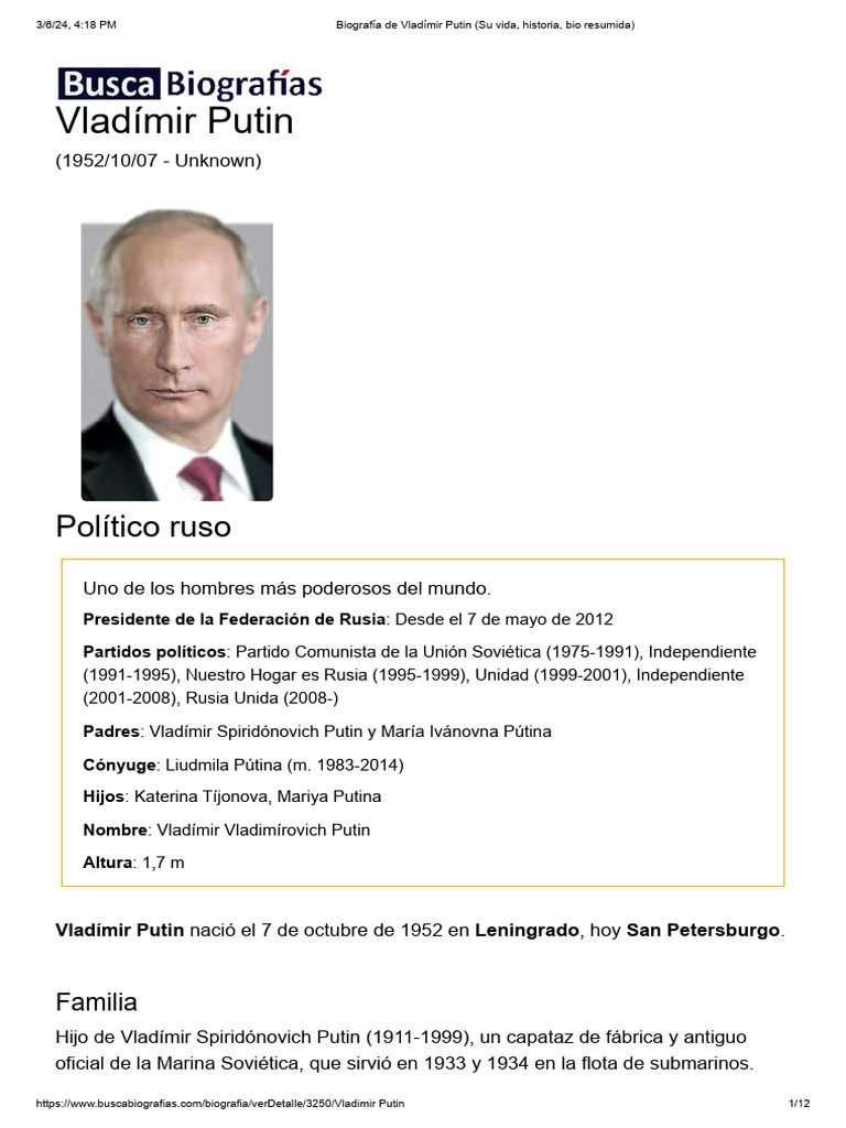 Biografía y Carrera de Vladímir Putin | PDF | Política mundial ...