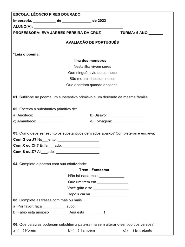 Prova 5 Ano Portugues | PDF
