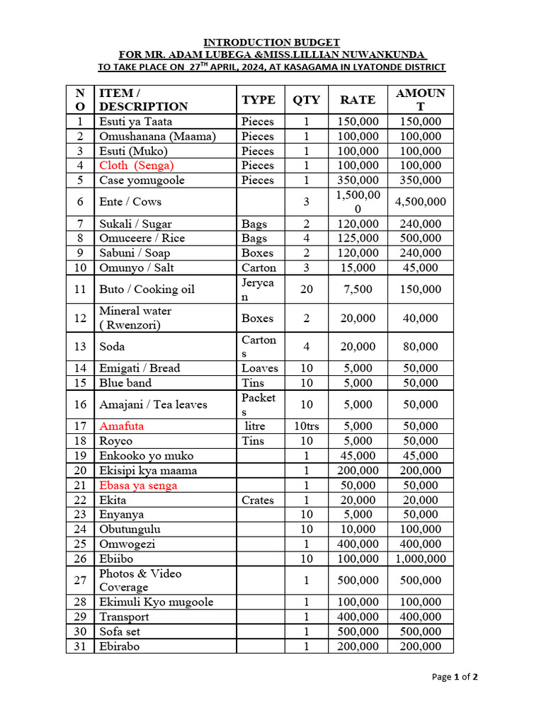 Introduction Budget - Lubega Adam + Lillian Nuwatula | PDF | Home ...
