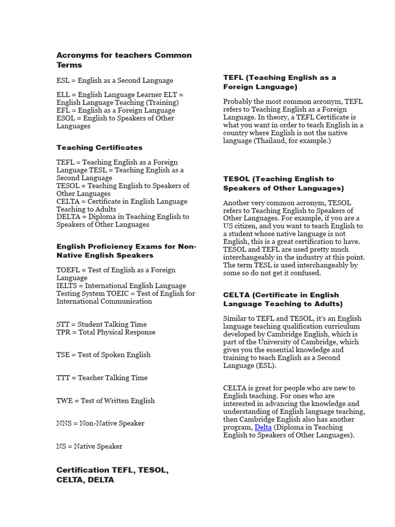 Acronyms For Teachers | PDF | English As A Second Or Foreign Language ...