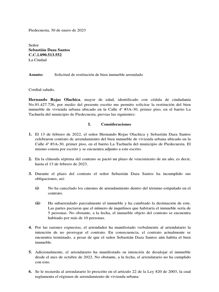 Solicitud de Restitución de Bien Inmueble Arrendado | PDF Solicitud de Restitución de Bien Inmueble Arrendado | PDF