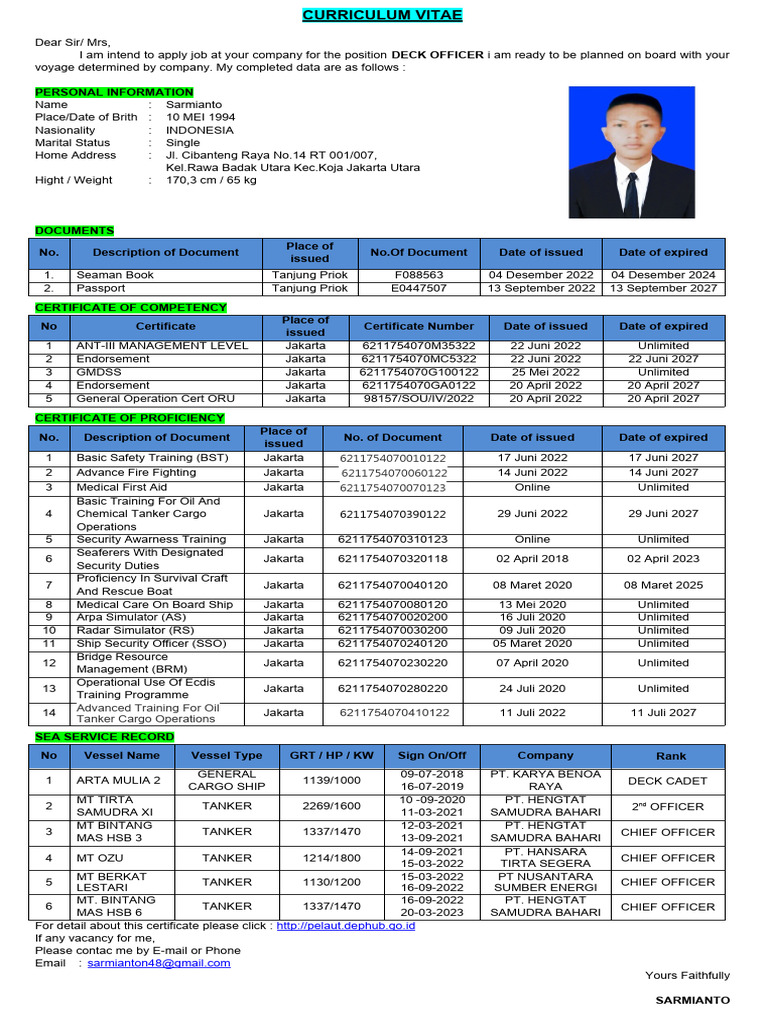 CV Sarmianto Deck Officer Kelas Iii Management. | PDF | Ships | Water ...