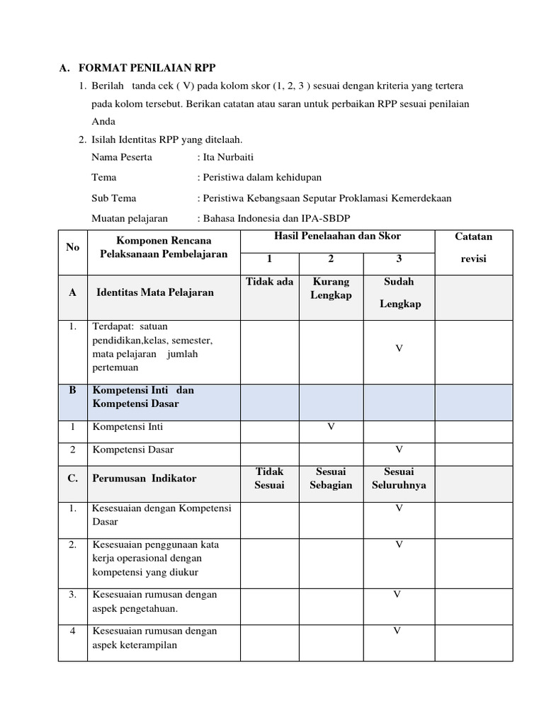 Ita Nurbaiti - Format Penilaian RPP Hasil Telaah Dari Mahasiswa Lain | PDF