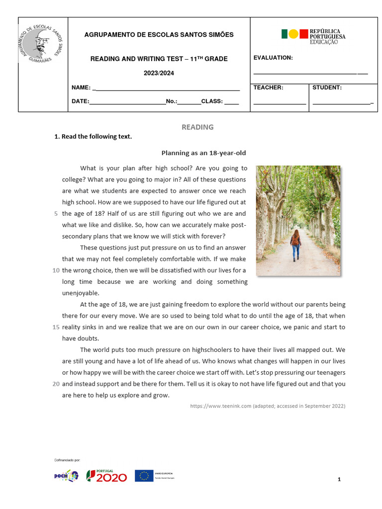 ReadingWriting Test M5 11º E | PDF | Adolescence | Behavioural Sciences
