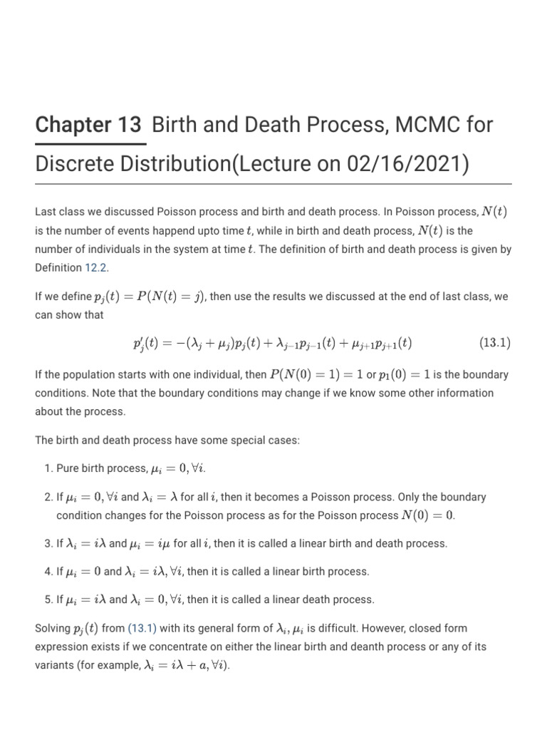 Chapter 13 Birth and Death Process, MCMC For Discrete Distribution ...