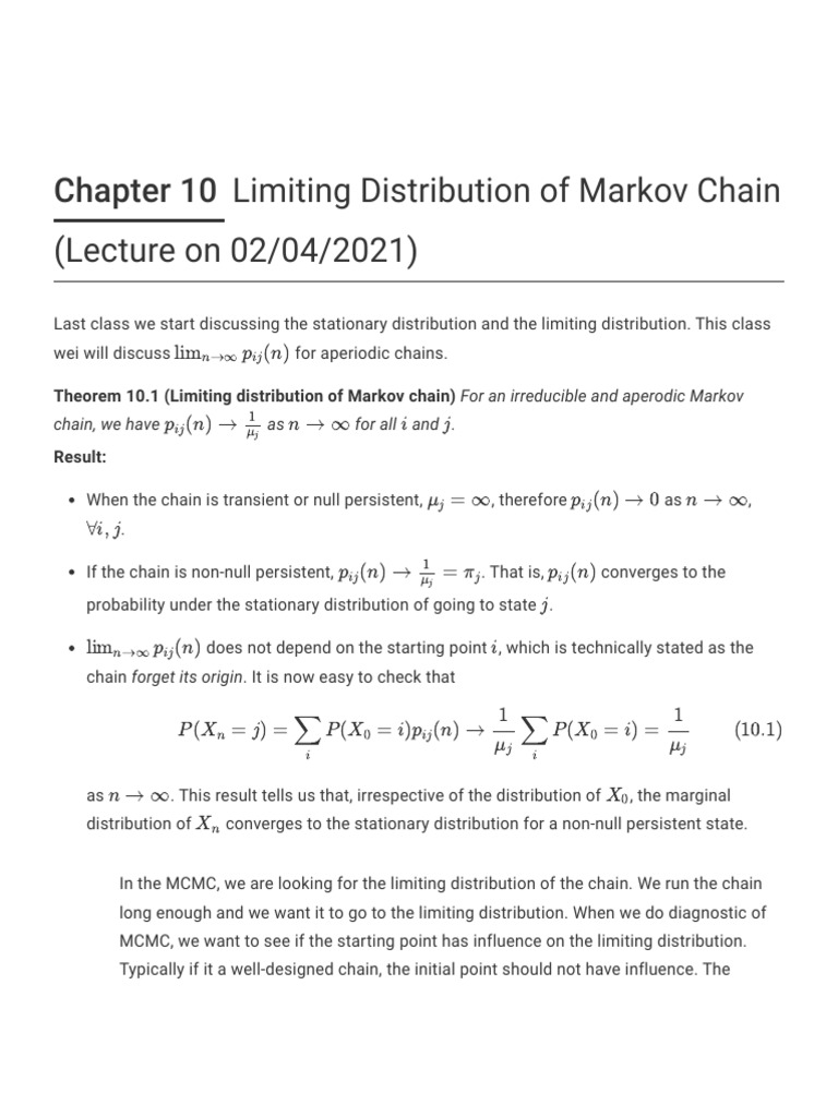 Chapter 10 Limiting Distribution of Markov Chain (Lecture On 02-04-2021) - STAT 243 - Stochastic ...