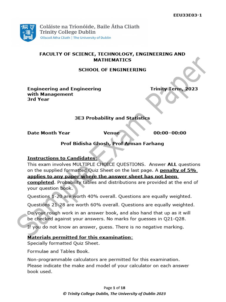 TCD Engineering Exam: Probability & Statistics | PDF | Teaching Methods ...