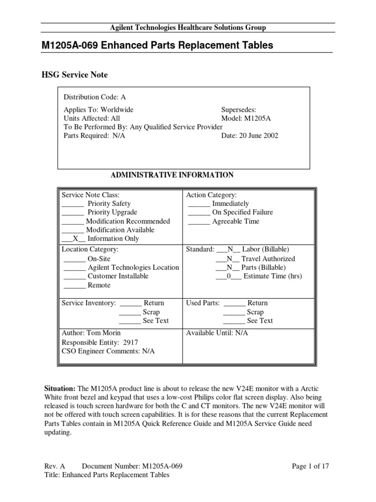 M1205A-069 Enhanced Parts Replacement Tables 1 | PDF | Computer Monitor ...