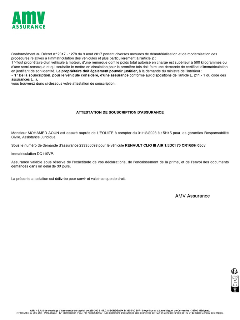 Attestation d'Assurance Automobile AMV | PDF