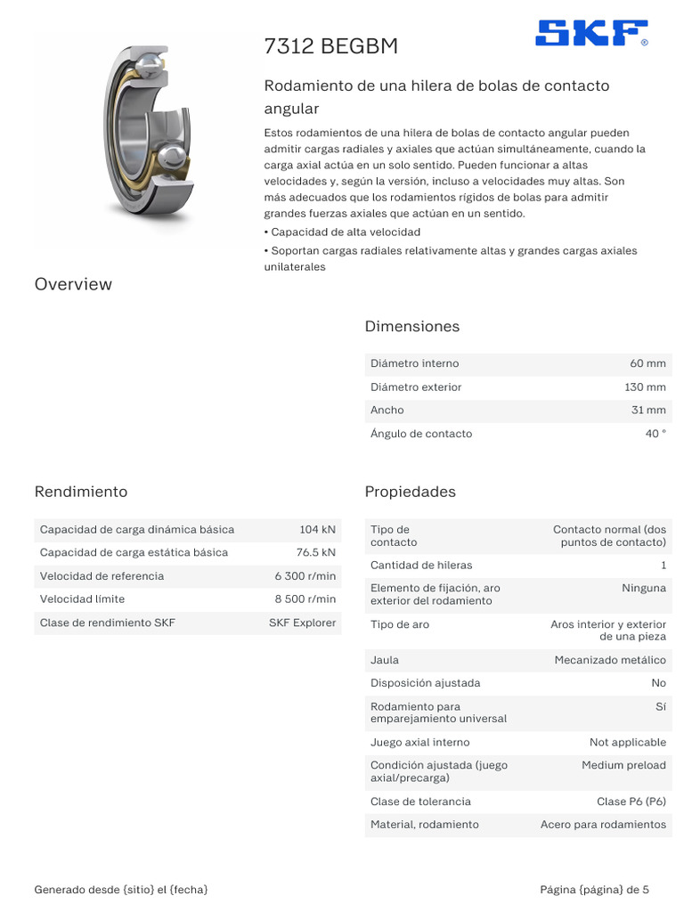 SKF 7312 BEGBM Specification | PDF