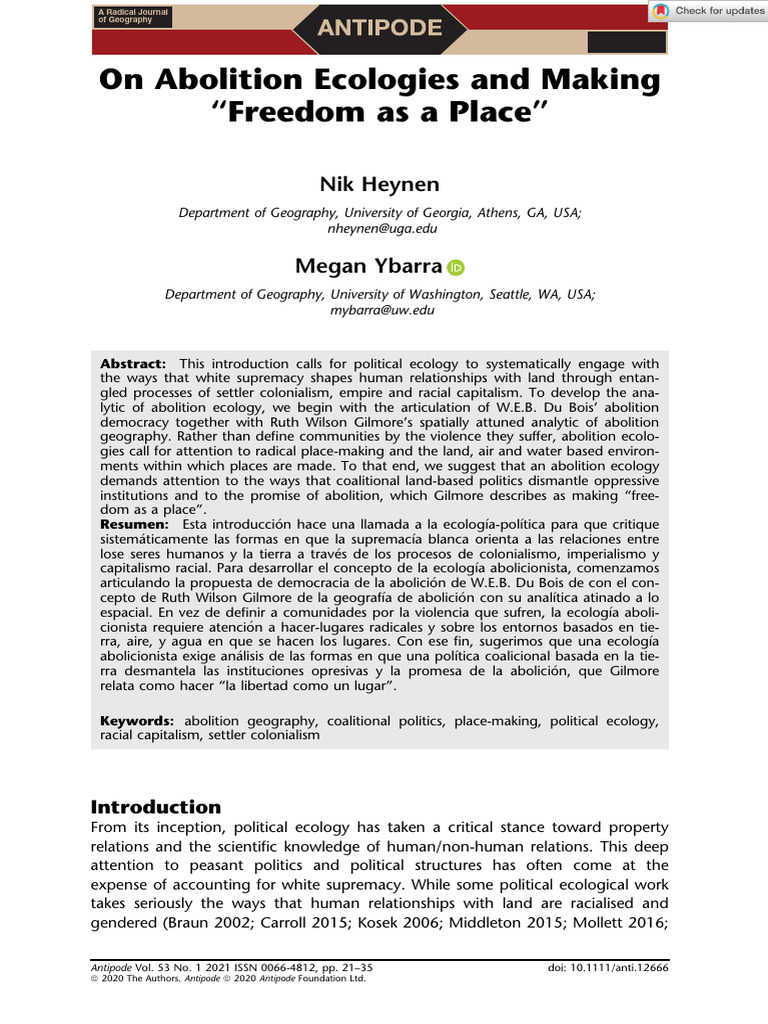 Nik Heynen - On Abolition Ecologies and Making Freedom As A Place | PDF ...