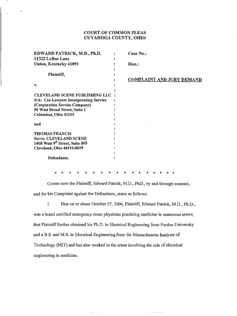 Dr. Edward A. Patrick V Cleveland Scene Et Al, Complaint + Jury Demand ...