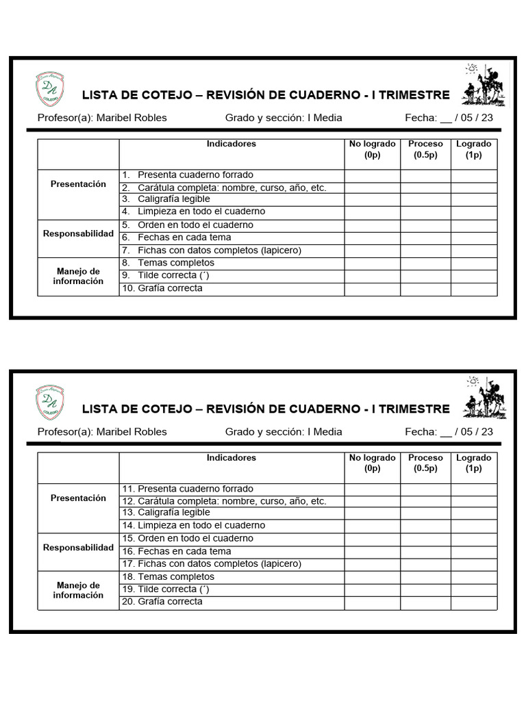LISTA DE COTEJO - REVISIÓN DE CUADERNO (1) | PDF