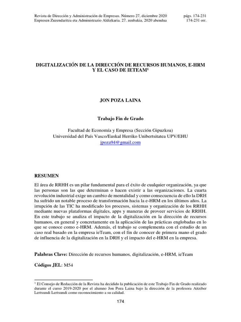 Digitalización de La Dirección de Recursos Humanos, E-Hrm Y El Caso de ...