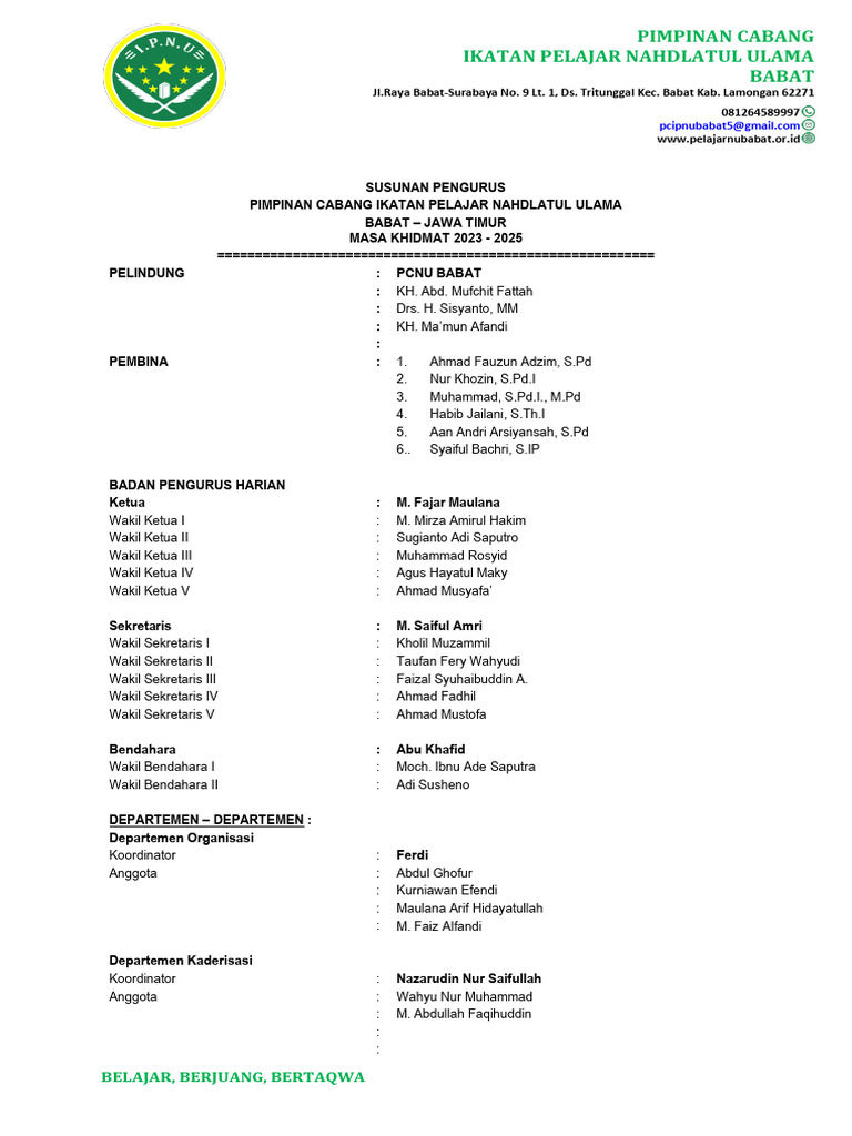Susunan Pengurus PC Ipnu Babat 23-25 | PDF