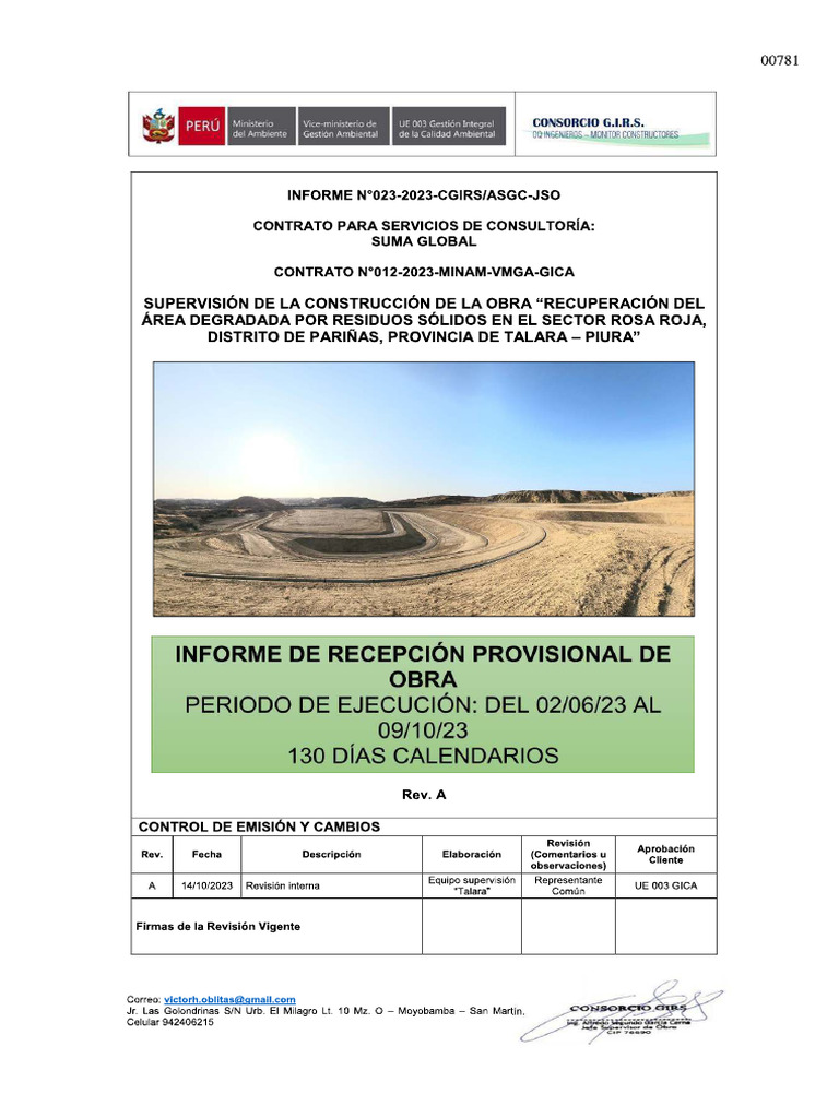 INFORME N°023-2023 Recepción Provisional de Obrascanfin | PDF