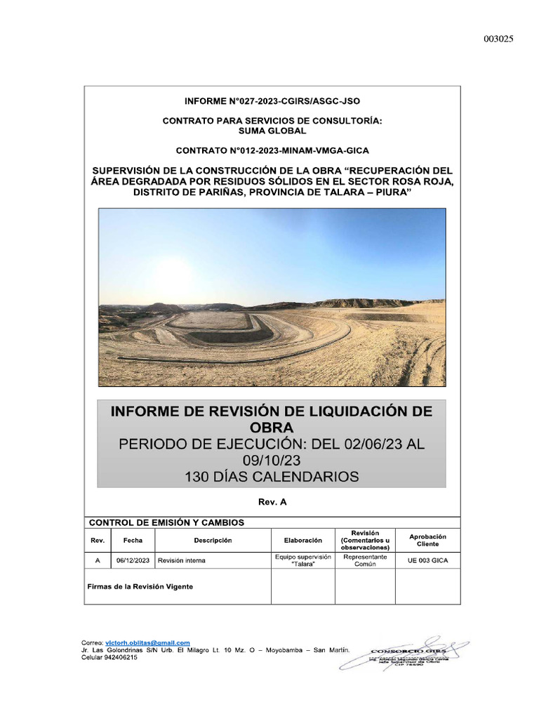 INFORME N°027-2023 Revisión de Liquidación de Obra | PDF