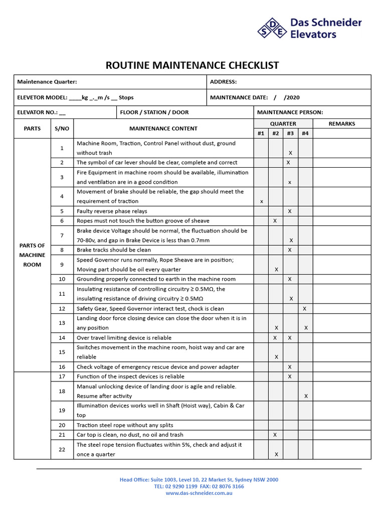 Dse Inspection Maintenance Checklist | PDF | Elevator | Equipment