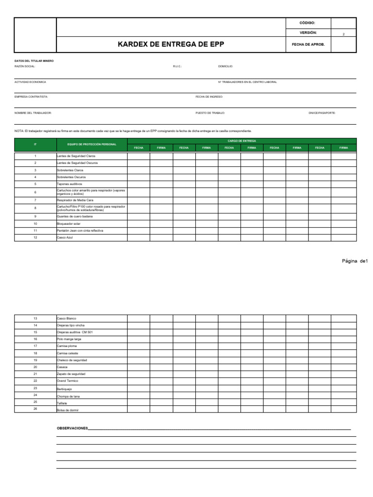 SSOMA-TRA-F-009 Kardex de Entrega de EPP | PDF | Moda | Ropa