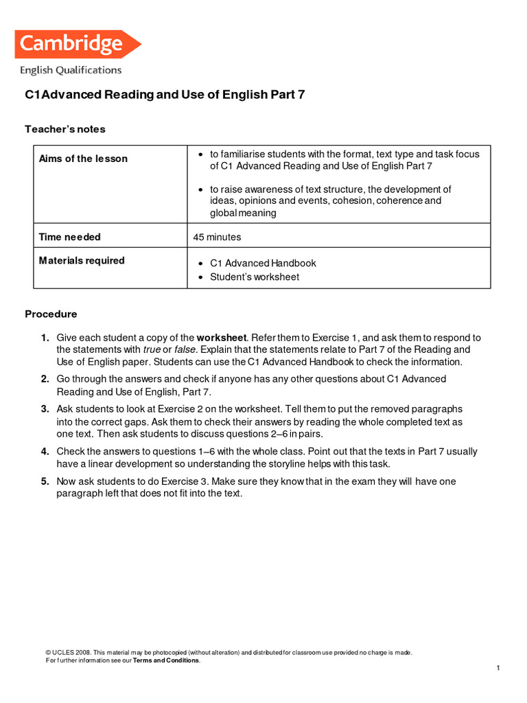 Cambridge English c1 Advanced Reading Part 7 | PDF | Information