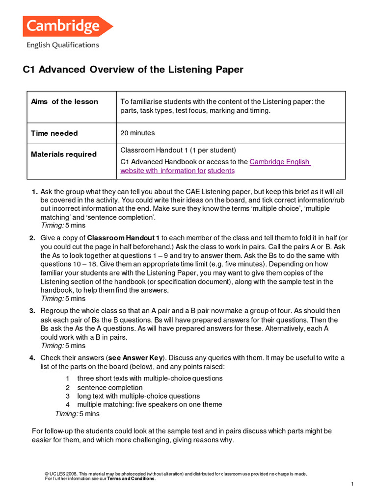 Cambridge English c1 Advanced Listening Overview | PDF | Multiple ...