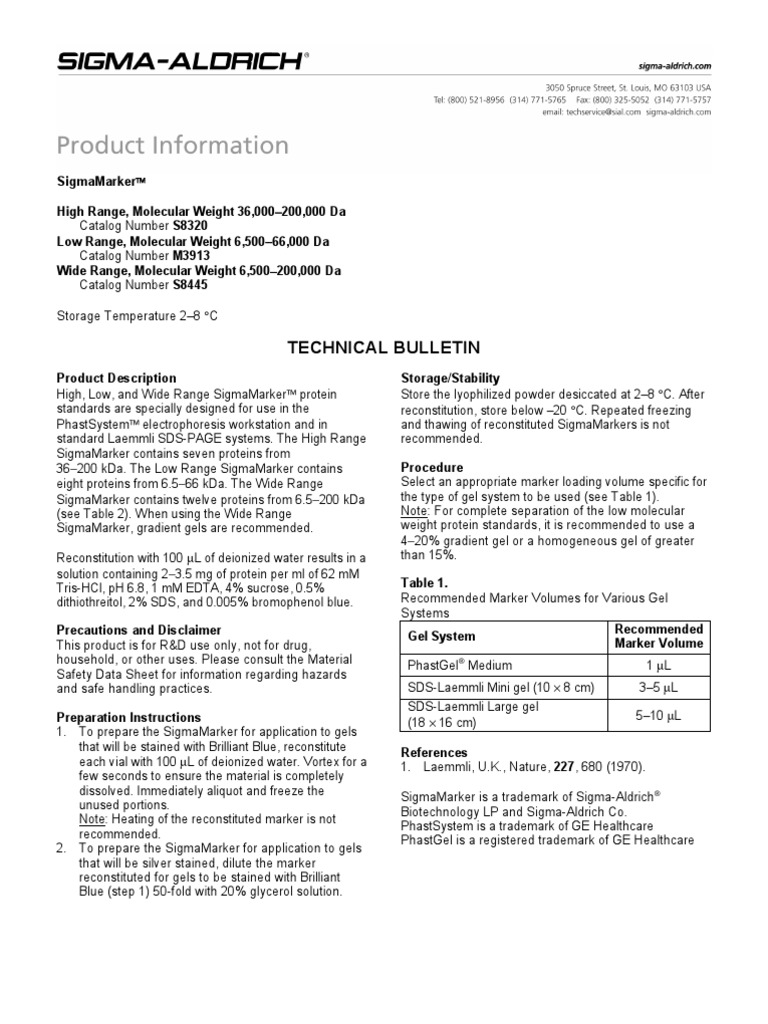 Sigma Wide Marker | PDF | Gel Electrophoresis | Biochemistry
