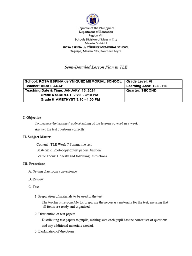 Semi - Detailed - in TLE 6 ST January 15 | PDF | Teachers | Lesson Plan