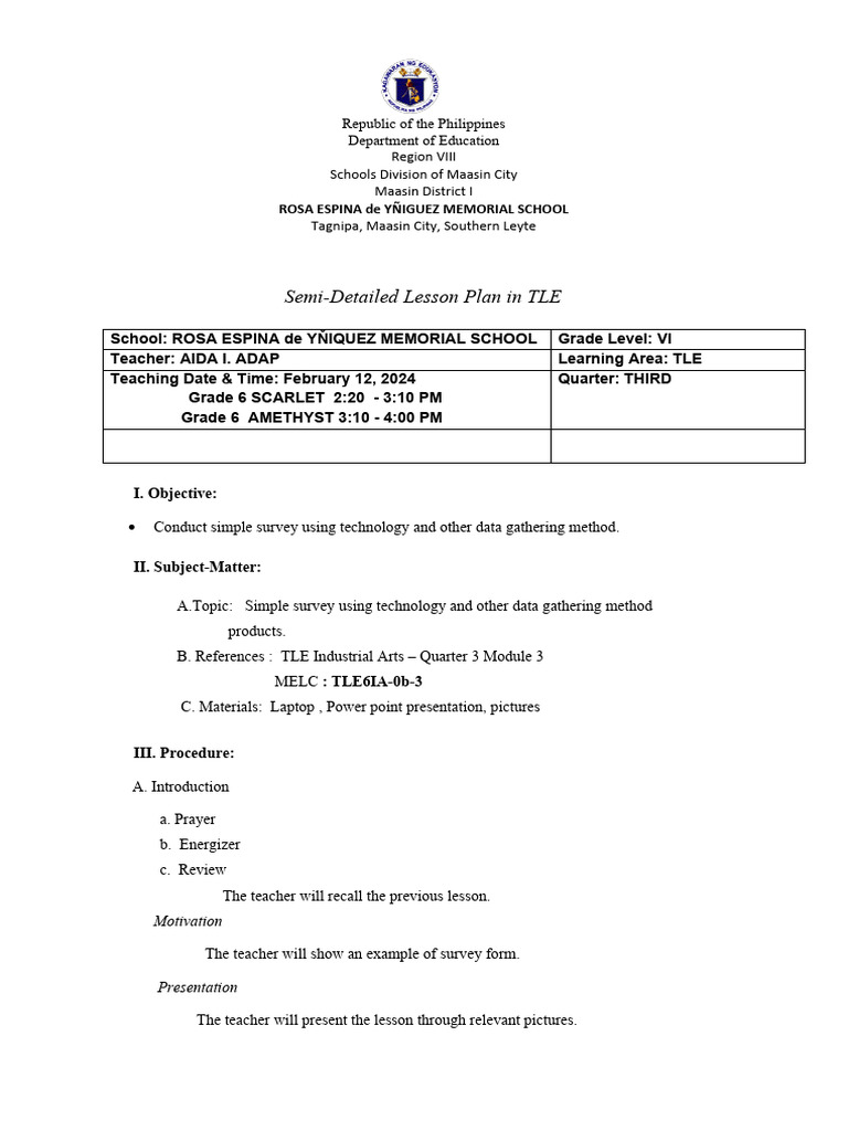 Grade 6 TLE Survey Lesson Plan | PDF | Swot Analysis | Information