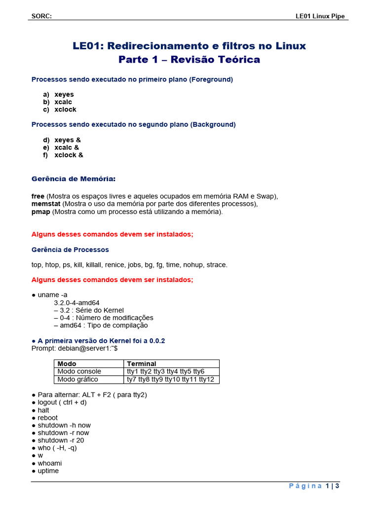 LE01 LInuxRedirecionamentoPipes | PDF | Linux | Arquitetura de computadores