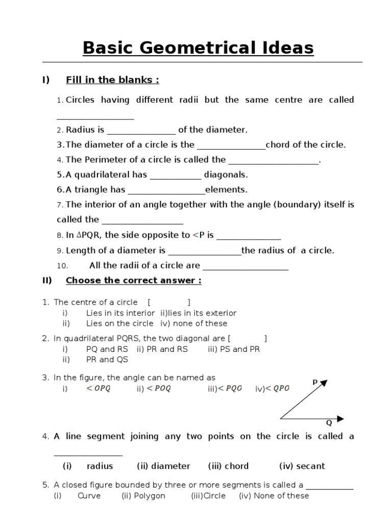 Basic Geometrical Ideas: I) Fill in The Blanks | Download Free PDF ...