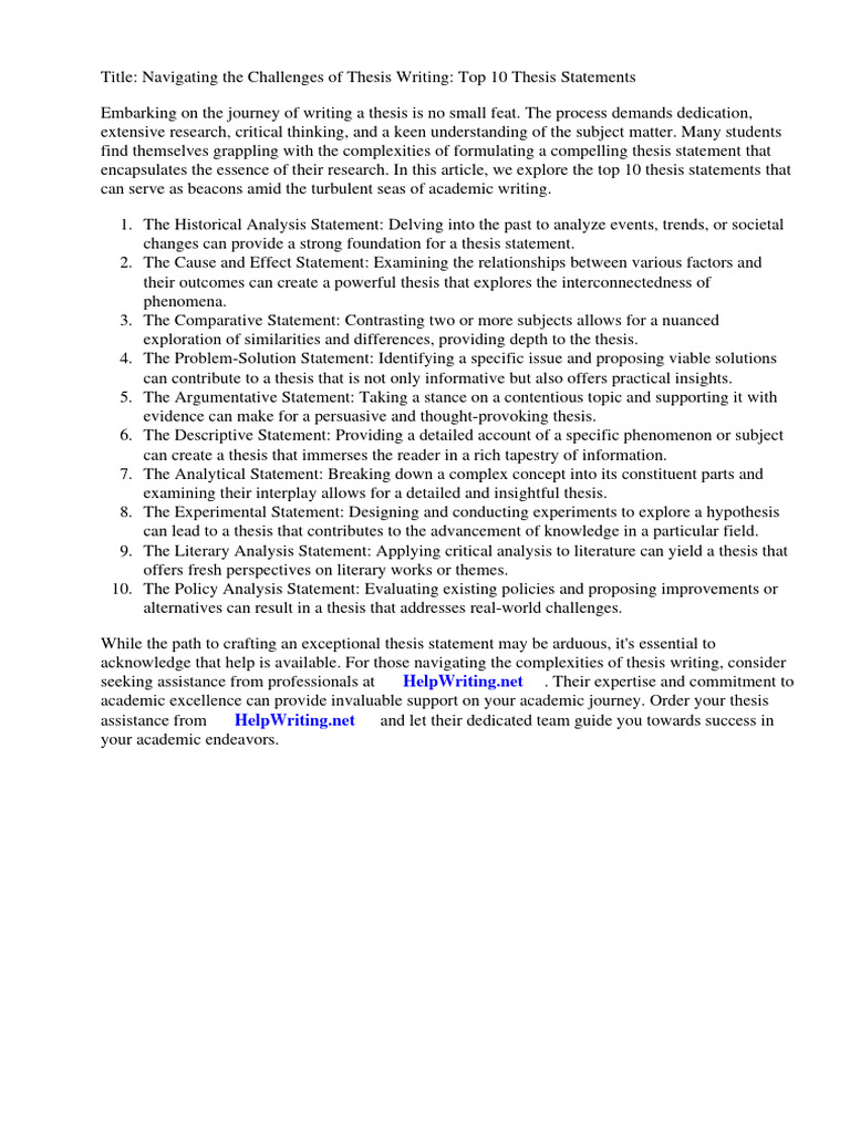 Top 10 Thesis Statements | PDF | Essays | Thesis