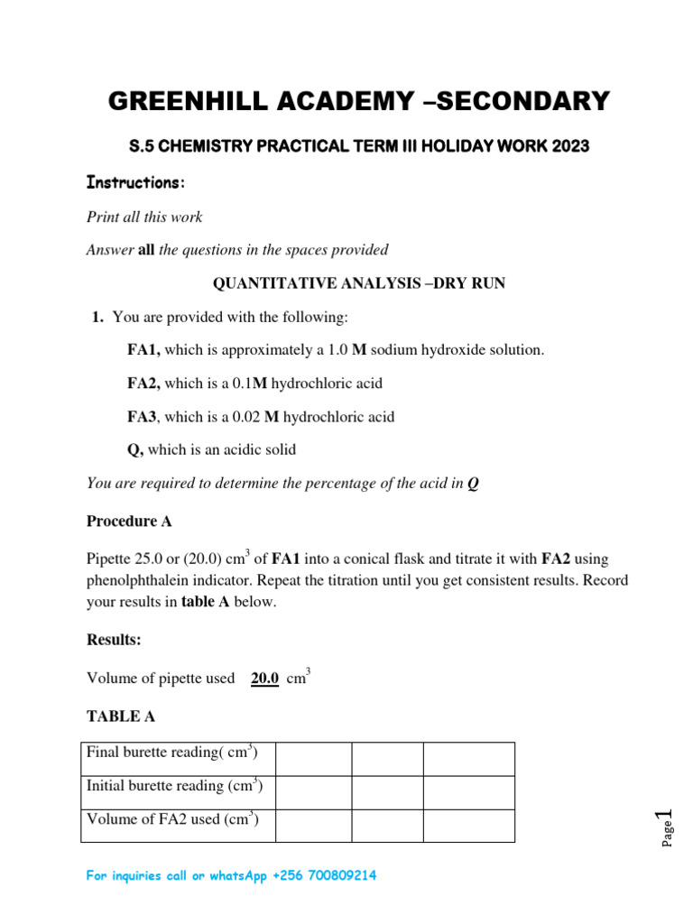 S.5 Chem 3 Holiday Work Term 3 2023 | PDF | Titration | Chemistry