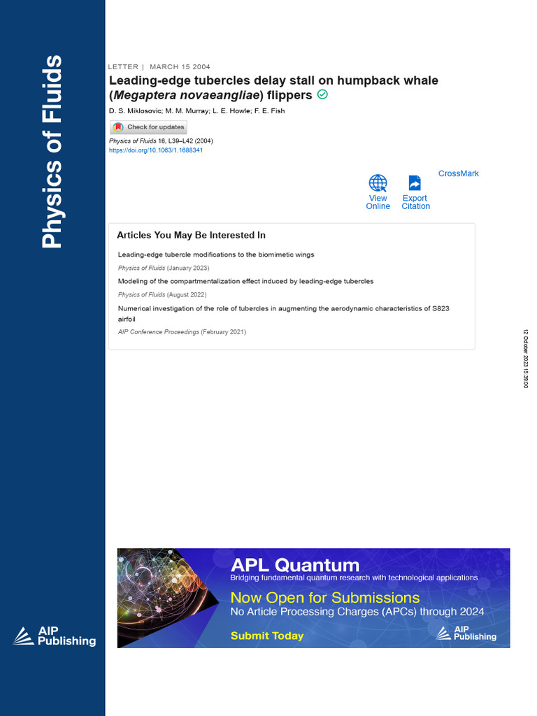 Humpback Whale Flipper Tubercles Study | PDF | Lift (Force) | Drag ...