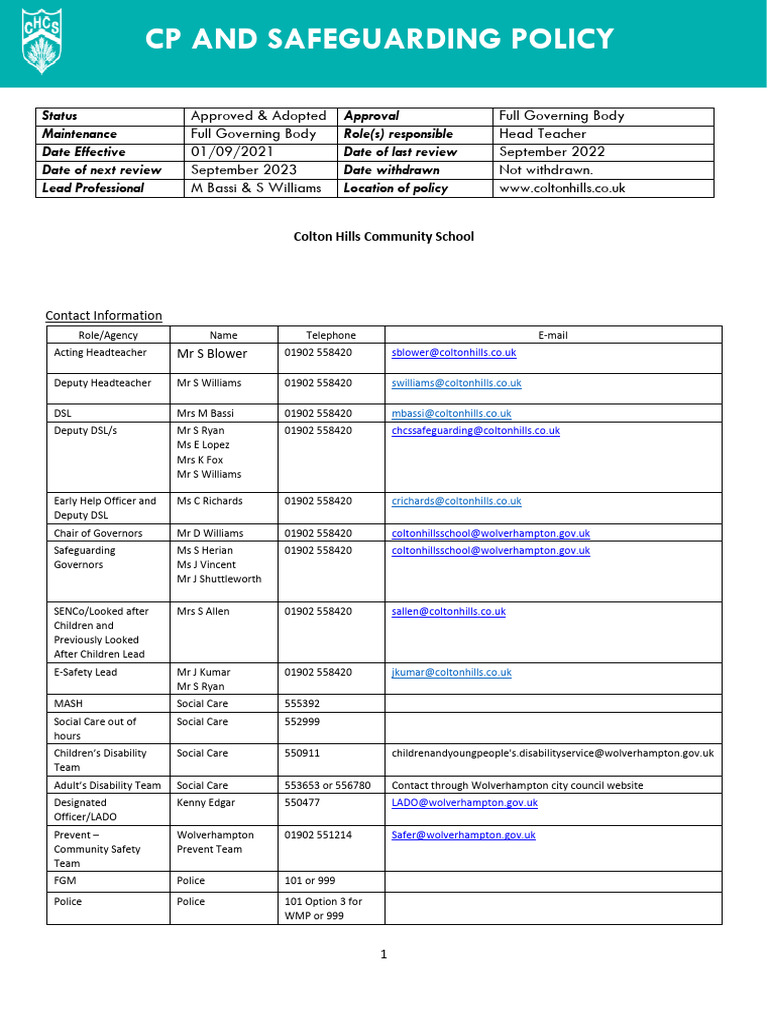 CP and Safeguarding Policy - Next Review - September 23 Updated | PDF | Child Protection | Child ...