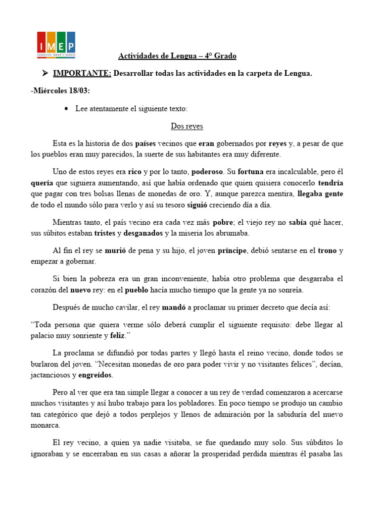 1° Activ. a Distancia- Lengua 4to Grado - 5 días | PDF