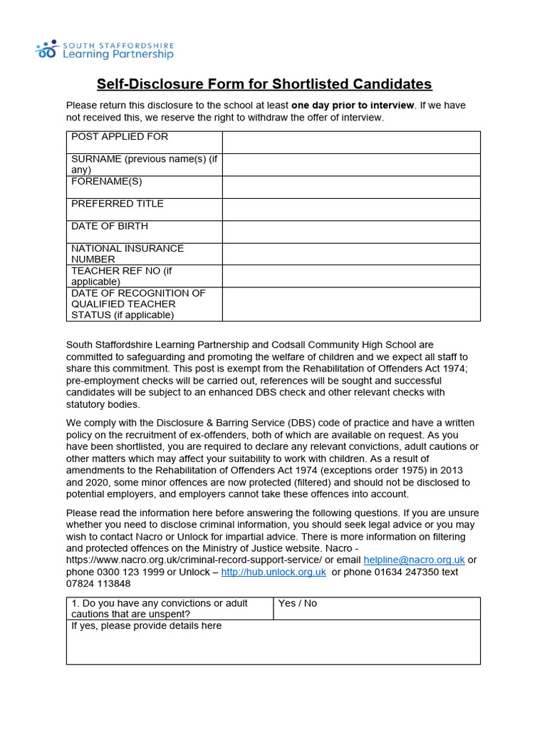 SSLP and CCHS - Self-Disclosure Form For Shortlisted Candidates | PDF ...