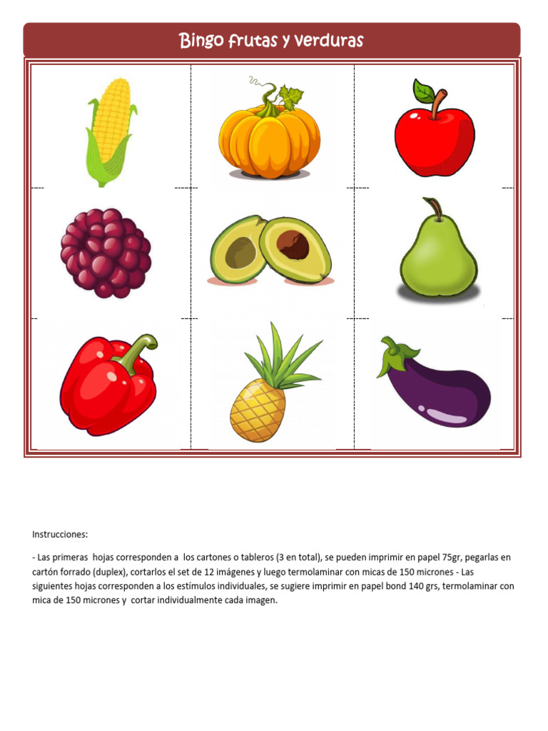 Bingo de Frutas y Verduras Imprimible | PDF | Hogar, jardinería y bricolaje