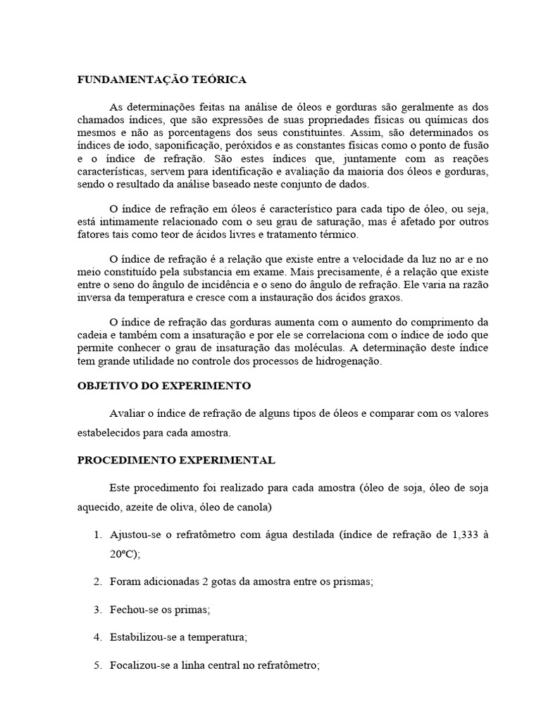 Avaliação do Índice de Refração em Óleos | PDF | Refração | Gordura
