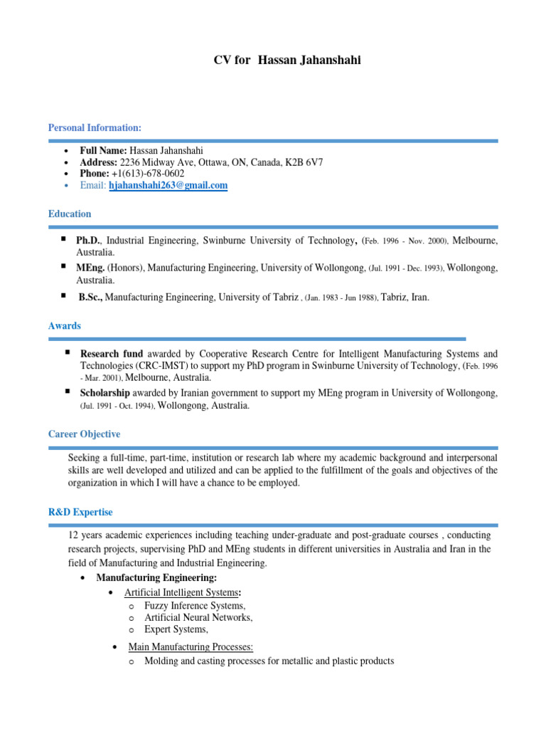 CV - Hassan Jahanshahi | PDF | Engineering | Machining
