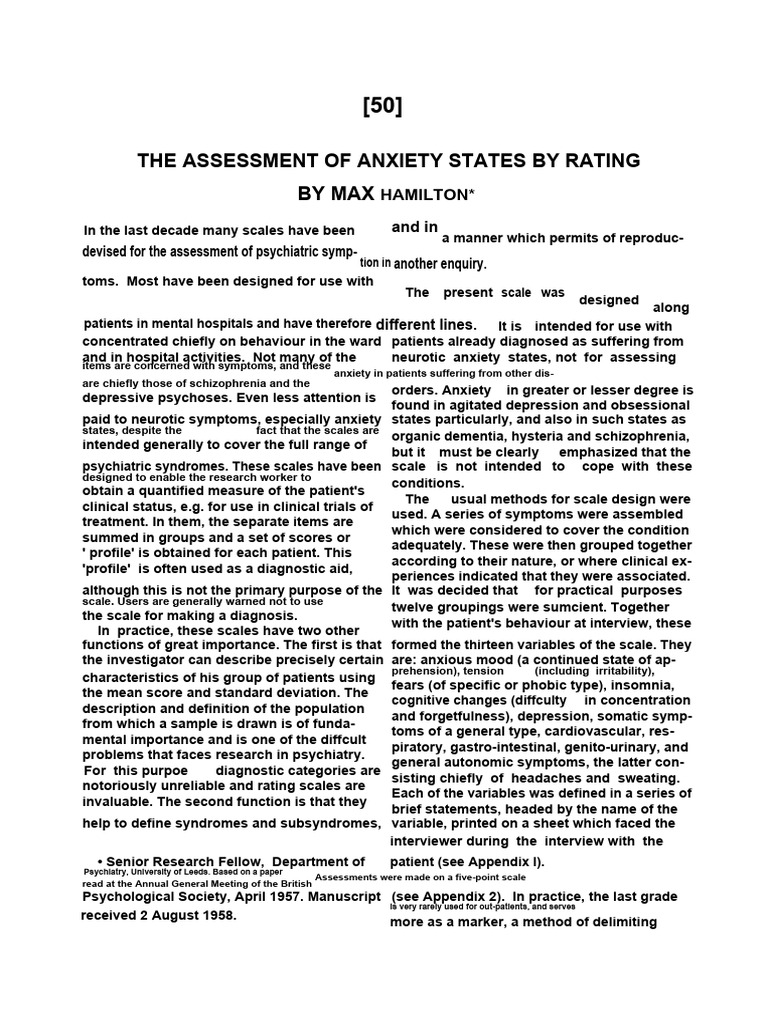 Hamilton Anxiety Rating Scale Overview | PDF | Anxiety | Psychiatry